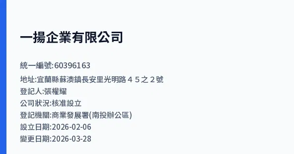 一揚企業有限公司的照片-統編 60396163(宜蘭縣) 公司登記資料與營業項目詳細圖表