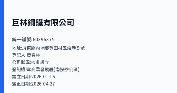 巨林鋼鐵有限公司的照片-統編 60396375(屏東縣) 公司登記資料與營業項目詳細圖表