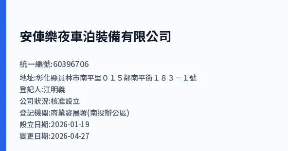 安俥樂夜車泊裝備有限公司的照片-統編 60396706(彰化縣) 公司登記資料與營業項目詳細圖表
