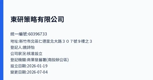 東研策略有限公司的照片-統編 60396733(新竹市) 公司登記資料與營業項目詳細圖表