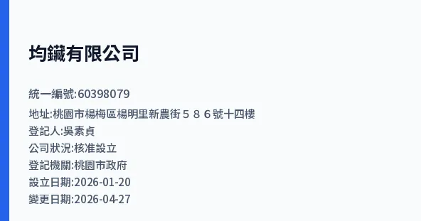 均鑶有限公司的照片-統編 60398079(桃園市) 公司登記資料與營業項目詳細圖表