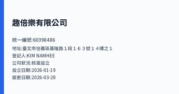 趣倍樂有限公司的照片-統編 60398486(臺北市) 公司登記資料與營業項目詳細圖表