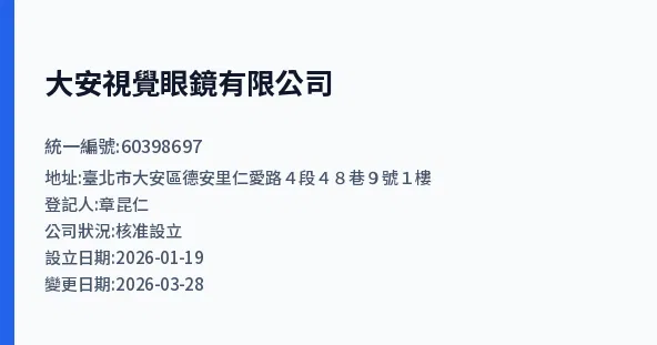 大安視覺眼鏡有限公司的照片-統編 60398697(臺北市) 公司登記資料與營業項目詳細圖表