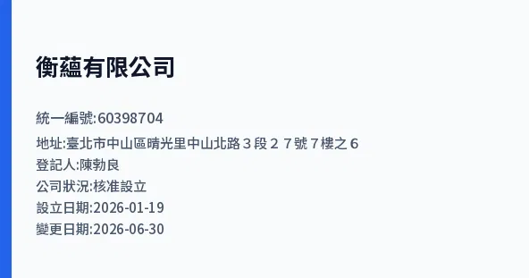 衡蘊有限公司的照片-統編 60398704(臺北市) 公司登記資料與營業項目詳細圖表