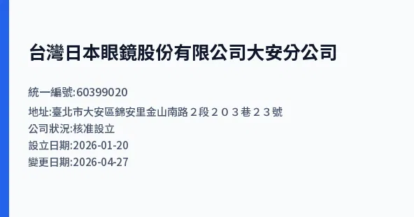 台灣日本眼鏡股份有限公司大安分公司的照片-統編 60399020(臺北市) 公司登記資料與營業項目詳細圖表