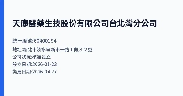 天康醫藥生技股份有限公司台北灣分公司的照片-統編 60400194(新北市) 公司登記資料與營業項目詳細圖表