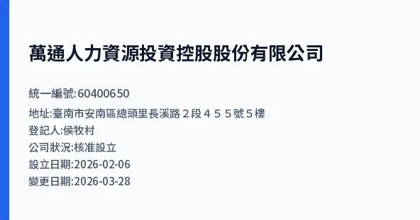 萬通人力資源投資控股股份有限公司的照片-統編 60400650(臺南市) 公司登記資料與營業項目詳細圖表