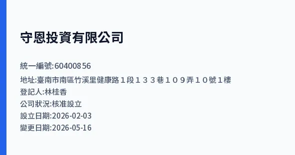 守恩投資有限公司的照片-統編 60400856(臺南市) 公司登記資料與營業項目詳細圖表