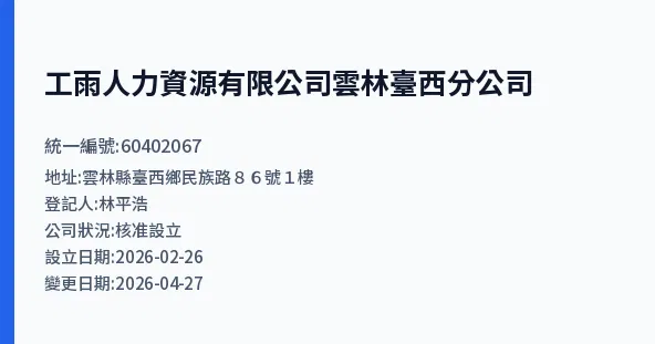 工雨人力資源有限公司雲林臺西分公司的照片-統編 60402067(雲林縣) 公司登記資料與營業項目詳細圖表