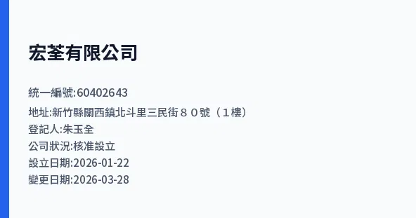 宏荃有限公司的照片-統編 60402643(新竹縣) 公司登記資料與營業項目詳細圖表