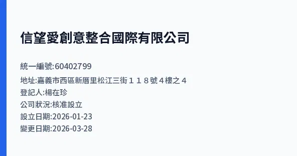 信望愛創意整合國際有限公司的照片-統編 60402799(嘉義市) 公司登記資料與營業項目詳細圖表