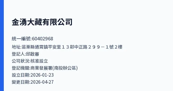 金湧大藏有限公司的照片-統編 60402968(苗栗縣) 公司登記資料與營業項目詳細圖表