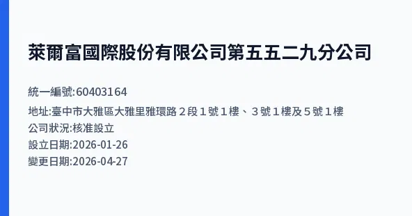 萊爾富國際股份有限公司第五五二九分公司的照片-統編 60403164(臺中市) 公司登記資料與營業項目詳細圖表