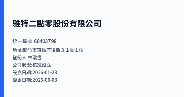 雅特二點零股份有限公司的照片-統編 60403798(新竹市) 公司登記資料與營業項目詳細圖表