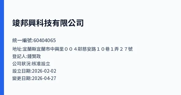竣邦興科技有限公司的照片-統編 60404065(宜蘭縣) 公司登記資料與營業項目詳細圖表