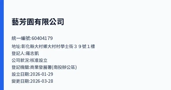 藝芳園有限公司的照片-統編 60404179(彰化縣) 公司登記資料與營業項目詳細圖表