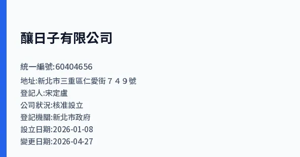釀日子有限公司的照片-統編 60404656(新北市) 公司登記資料與營業項目詳細圖表
