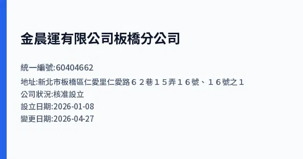 金晨運有限公司板橋分公司的照片-統編 60404662(新北市) 公司登記資料與營業項目詳細圖表