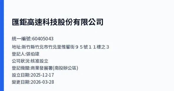 匯鉅高速科技股份有限公司的照片-統編 60405043(新竹縣) 公司登記資料與營業項目詳細圖表