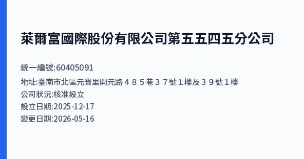 萊爾富國際股份有限公司第五五四五分公司的照片-統編 60405091(臺南市) 公司登記資料與營業項目詳細圖表