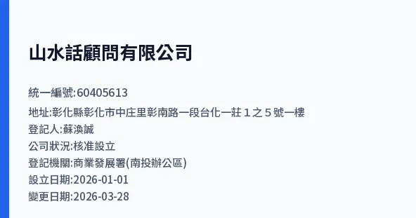 山水話顧問有限公司的照片-統編 60405613(彰化縣) 公司登記資料與營業項目詳細圖表