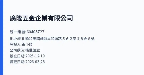 廣隆五金企業有限公司的照片-統編 60405727(彰化縣) 公司登記資料與營業項目詳細圖表