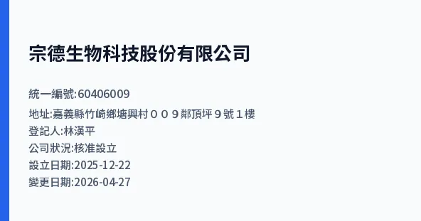宗德生物科技股份有限公司的照片-統編 60406009(嘉義縣) 公司登記資料與營業項目詳細圖表
