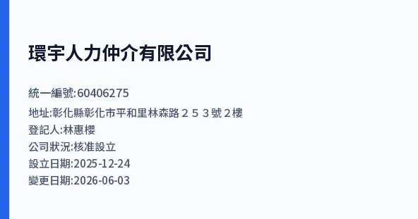 環宇人力仲介有限公司的照片-統編 60406275(彰化縣) 公司登記資料與營業項目詳細圖表