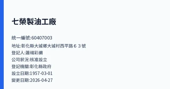 七榮製油工廠的照片-統編 60407003(彰化縣) 公司登記資料與營業項目詳細圖表