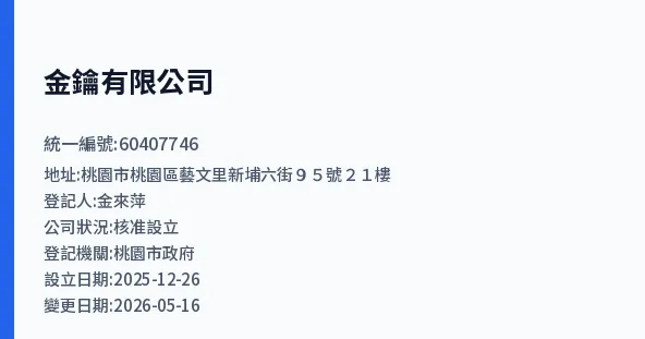 金鑰有限公司的照片-統編 60407746(桃園市) 公司登記資料與營業項目詳細圖表