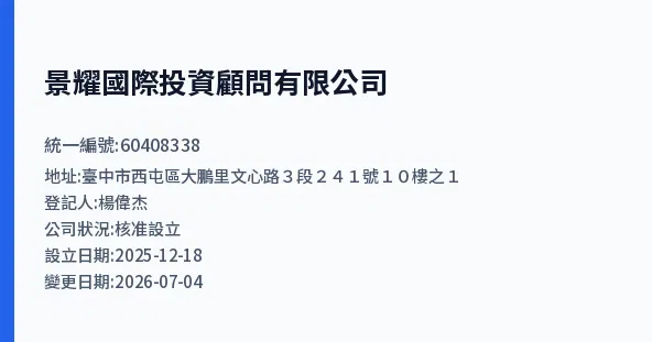 景耀國際投資顧問有限公司的照片-統編 60408338(臺中市) 公司登記資料與營業項目詳細圖表