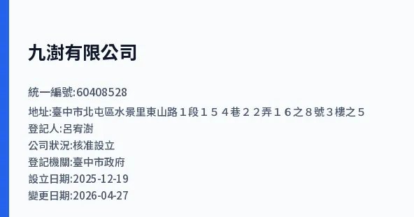 九澍有限公司的照片-統編 60408528(臺中市) 公司登記資料與營業項目詳細圖表