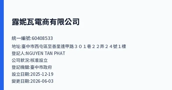 露妮瓦電商有限公司的照片-統編 60408533(臺中市) 公司登記資料與營業項目詳細圖表
