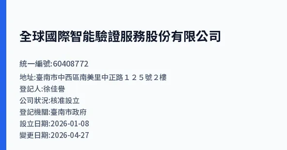 全球國際智能驗證服務股份有限公司的照片-統編 60408772(臺南市) 公司登記資料與營業項目詳細圖表