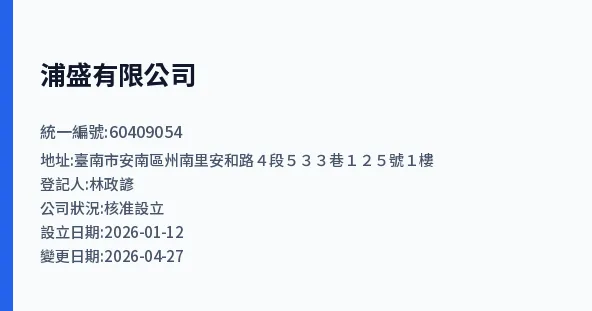 浦盛有限公司的照片-統編 60409054(臺南市) 公司登記資料與營業項目詳細圖表