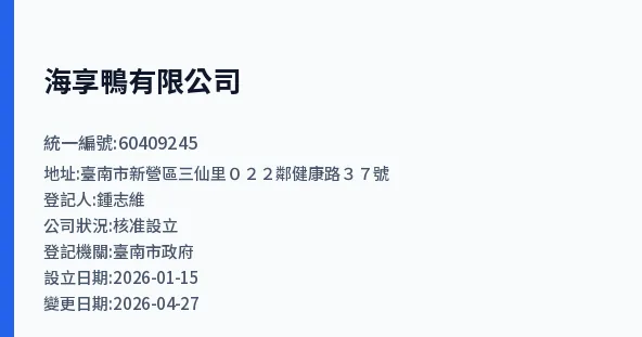 海享鴨有限公司的照片-統編 60409245(臺南市) 公司登記資料與營業項目詳細圖表