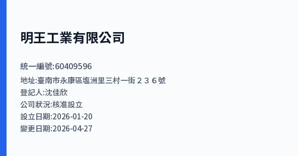 明王工業有限公司的照片-統編 60409596(臺南市) 公司登記資料與營業項目詳細圖表