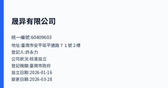 晟异有限公司的照片-統編 60409603(臺南市) 公司登記資料與營業項目詳細圖表