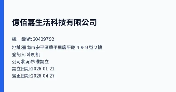 億佰嘉生活科技有限公司的照片-統編 60409792(臺南市) 公司登記資料與營業項目詳細圖表