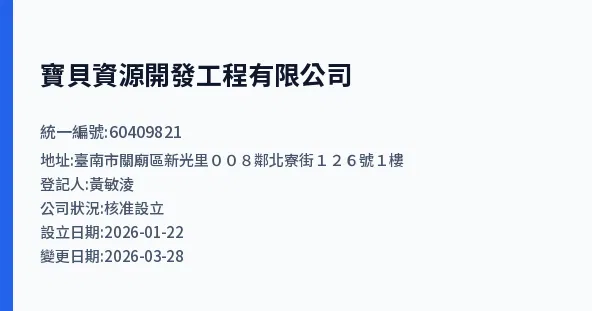 寶貝資源開發工程有限公司的照片-統編 60409821(臺南市) 公司登記資料與營業項目詳細圖表