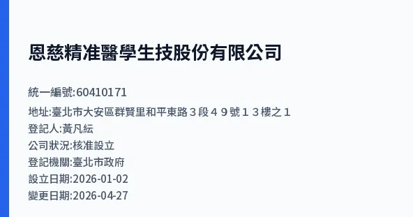 恩慈精准醫學生技股份有限公司的照片-統編 60410171(臺北市) 公司登記資料與營業項目詳細圖表
