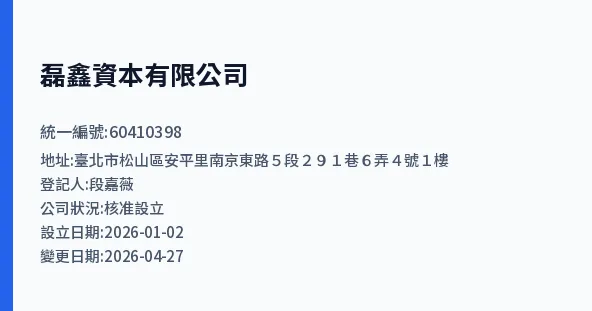 磊鑫資本有限公司的照片-統編 60410398(臺北市) 公司登記資料與營業項目詳細圖表
