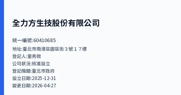 全力方生技股份有限公司的照片-統編 60410685(臺北市) 公司登記資料與營業項目詳細圖表