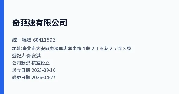 奇葩速有限公司的照片-統編 60411592(臺北市) 公司登記資料與營業項目詳細圖表