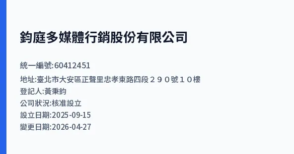 鈞庭多媒體行銷股份有限公司的照片-統編 60412451(臺北市) 公司登記資料與營業項目詳細圖表