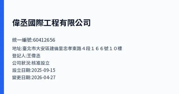 偉丞國際工程有限公司的照片-統編 60412656(臺北市) 公司登記資料與營業項目詳細圖表