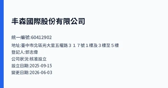 丰森國際股份有限公司的照片-統編 60412902(臺中市) 公司登記資料與營業項目詳細圖表