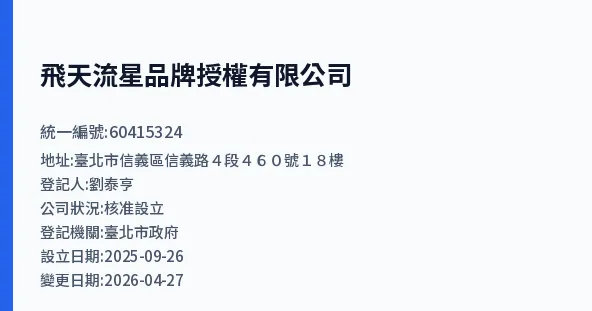 飛天流星品牌授權有限公司的照片-統編 60415324(臺北市) 公司登記資料與營業項目詳細圖表