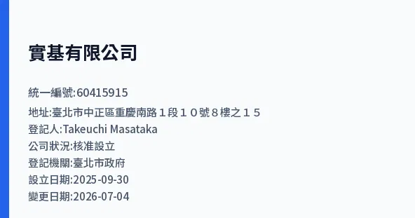 實基有限公司的照片-統編 60415915(臺北市) 公司登記資料與營業項目詳細圖表