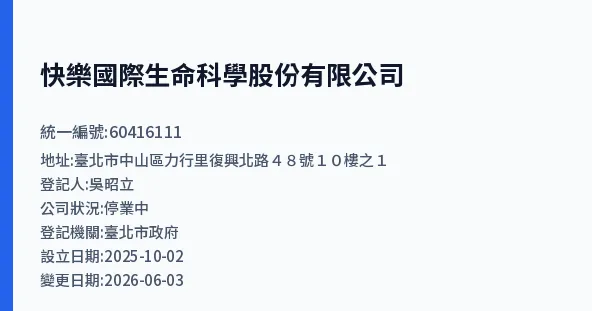 快樂國際生命科學股份有限公司的照片-統編 60416111(臺北市) 公司登記資料與營業項目詳細圖表